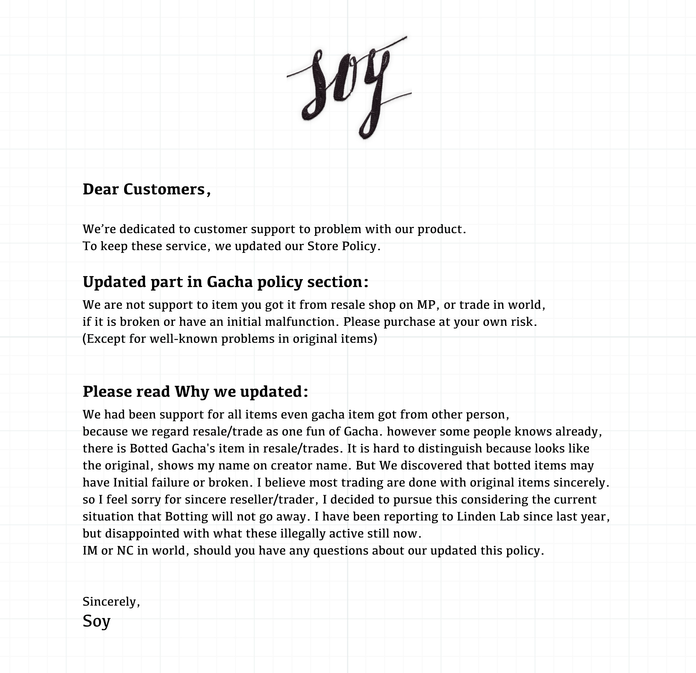 an update store policy – Soy