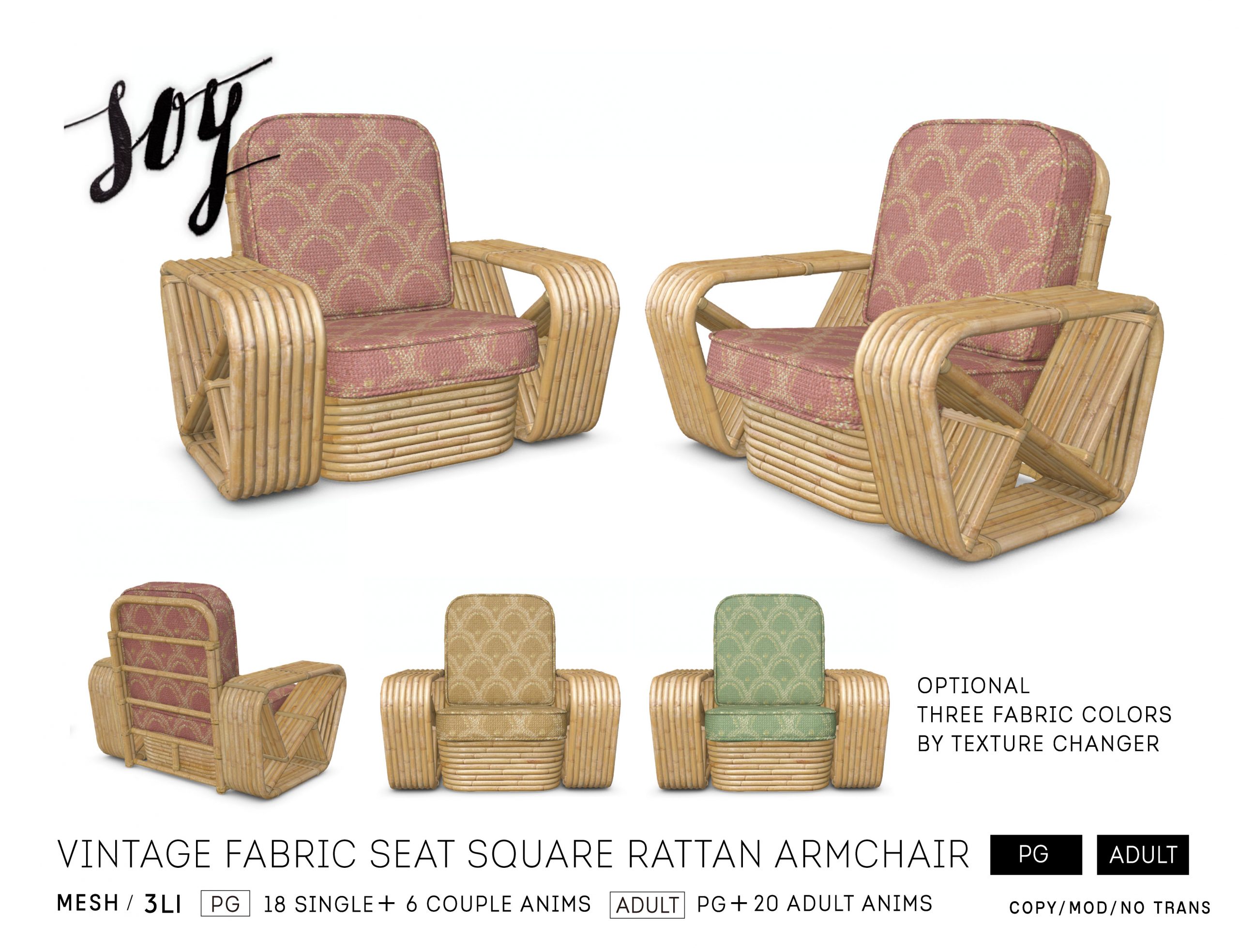 Soy. Vintage Fabric Seat Square Rattan Armchair @K9 July ’23 – Soy